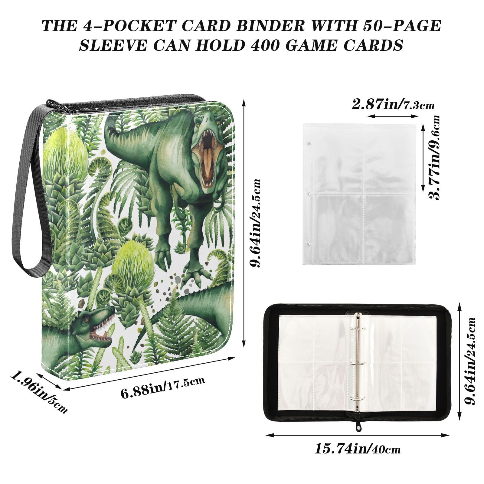 Dinosaur 4 Pockets Trading Card Album Folder for Cards PU Cover Zip Card Binder with 400 Side Loading Pockets 3-Ring Card Collector Holder for Collectible Boys Girls Game Sports Cards MTG TCG