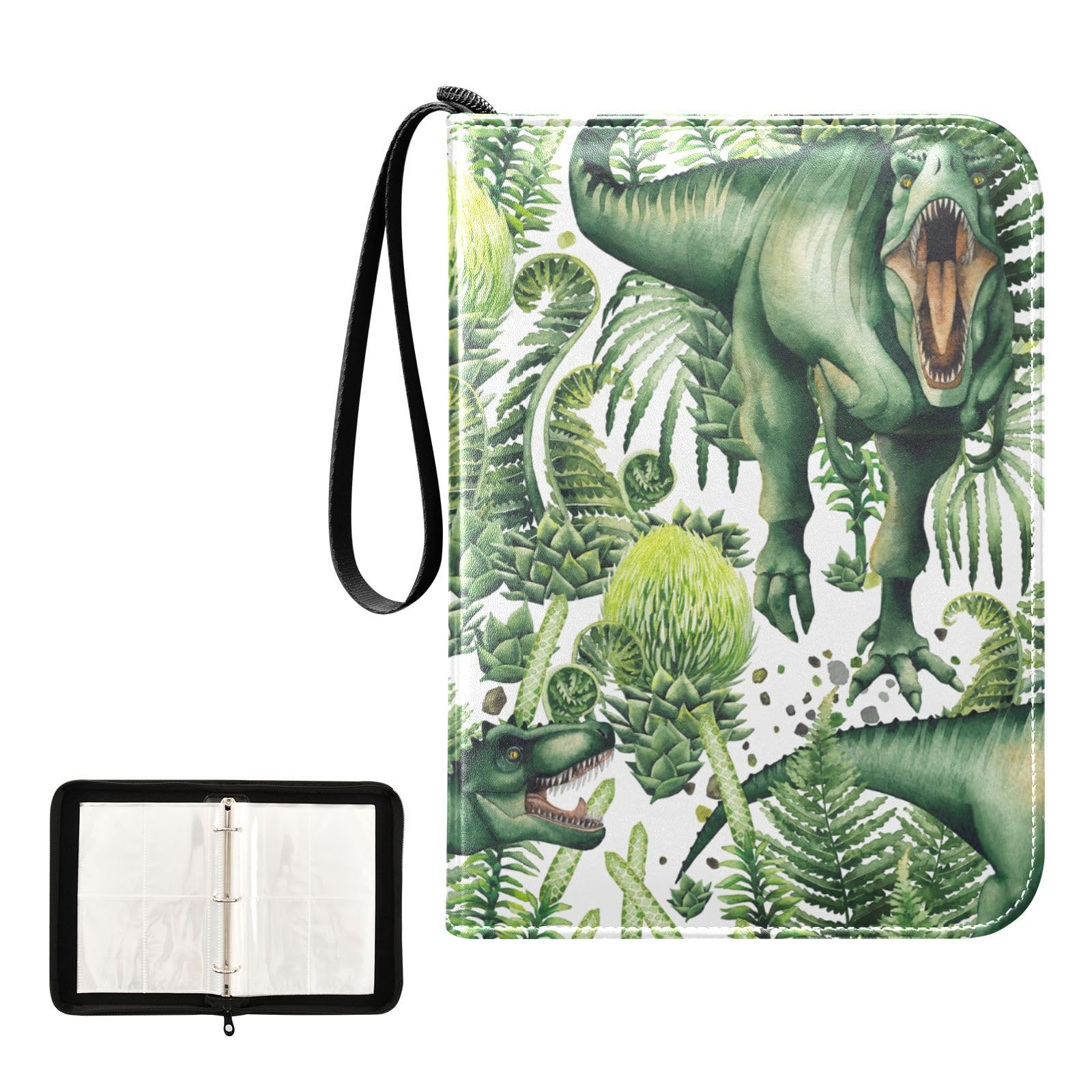 Dinosaur 4 Pockets Trading Card Album Folder for Cards PU Cover Zip Card Binder with 400 Side Loading Pockets 3-Ring Card Collector Holder for Collectible Boys Girls Game Sports Cards MTG TCG