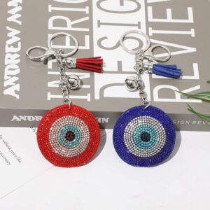 Red Colorful Evil Eye Keychain Charms Bling Tassel Rhinestone Cute Protection keychains