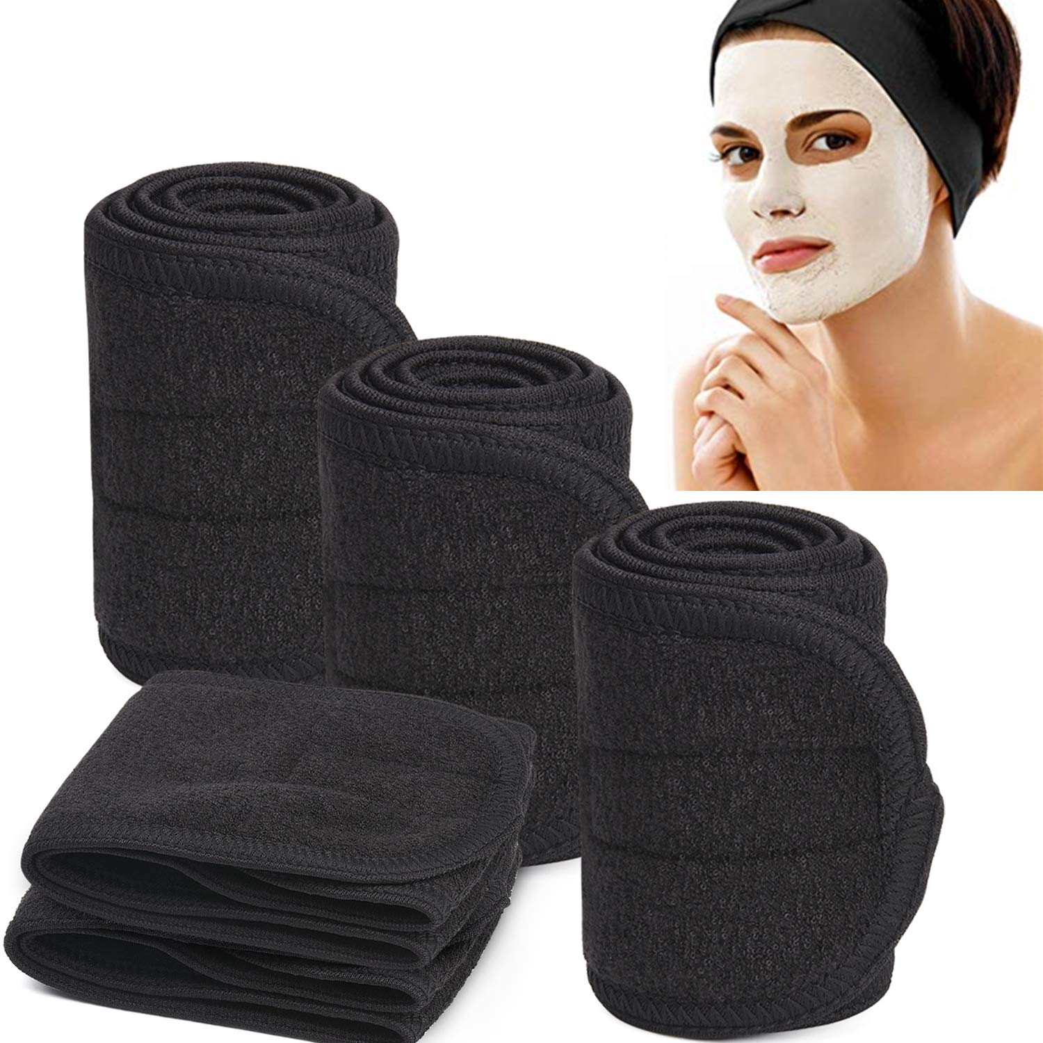 Noverlife 5PCS Black Spa Facial Headband, Soft Terry Cloth Cotton Hair Wrap, Elastic Stretchy Makeup Headband for Face Wash, Bath Showering, Beauty Salon Facial Treatment & Sports