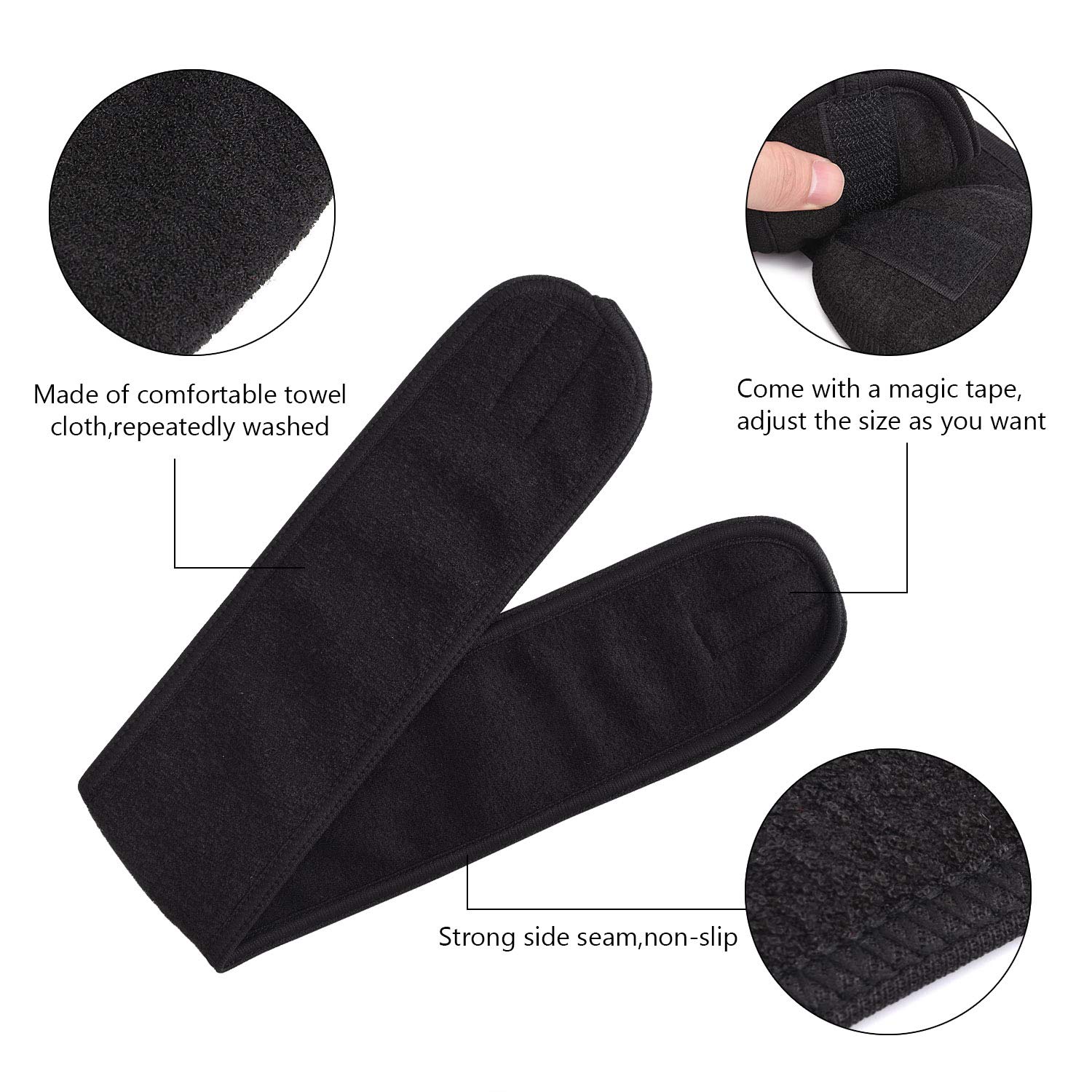 Noverlife 5PCS Black Spa Facial Headband, Soft Terry Cloth Cotton Hair Wrap, Elastic Stretchy Makeup Headband for Face Wash, Bath Showering, Beauty Salon Facial Treatment & Sports