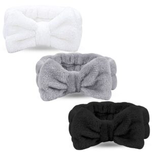 lades spa headband - 3 pack bow hair band women facial makeup head band soft coral fleece head wraps for shower washing face (black+gray+white)