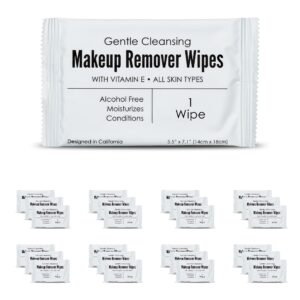 world amenities - bulk makeup remover wipes | 50 count | individually wrapped, gentle cleansing, alcohol free - all skin types - vitamin e - 100% recyclable, hotel travel size toiletries