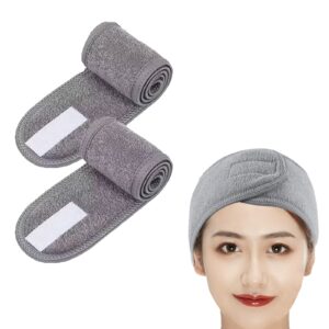 afahok 2 pcs spa facial headband, soft adjustable face wash headband with magic tape terry, cloth stretch make up wrap for face washing, shower, facial mask, yoga grey