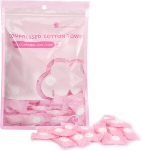 classycoo compressed towel 100 pcs mini tablets disposable portable face towel cotton coin tissue for travel, camping, hiking, sport, beauty salon, home hand wipes and other outdoor activities pink