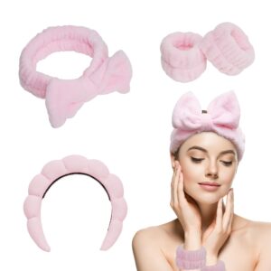 babyfond spa headband, 4 pcs face wash wristbands set, reusable spa skincare towel headband for washing face, non slip hair shower puffy makeup headbands for women, preventing liquid overflow