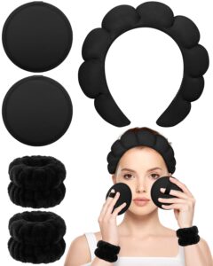 pgrode 5pcs black sponge spa headband for women face washing, makeup headband and wristband set come with 2 reusable makeup remover pads for washing face (black)