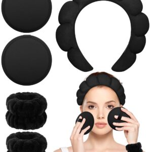 PGRODE 5Pcs Black Sponge Spa Headband for Women Face Washing, Makeup Headband and Wristband Set Come with 2 Reusable Makeup Remover Pads for Washing Face (Black)