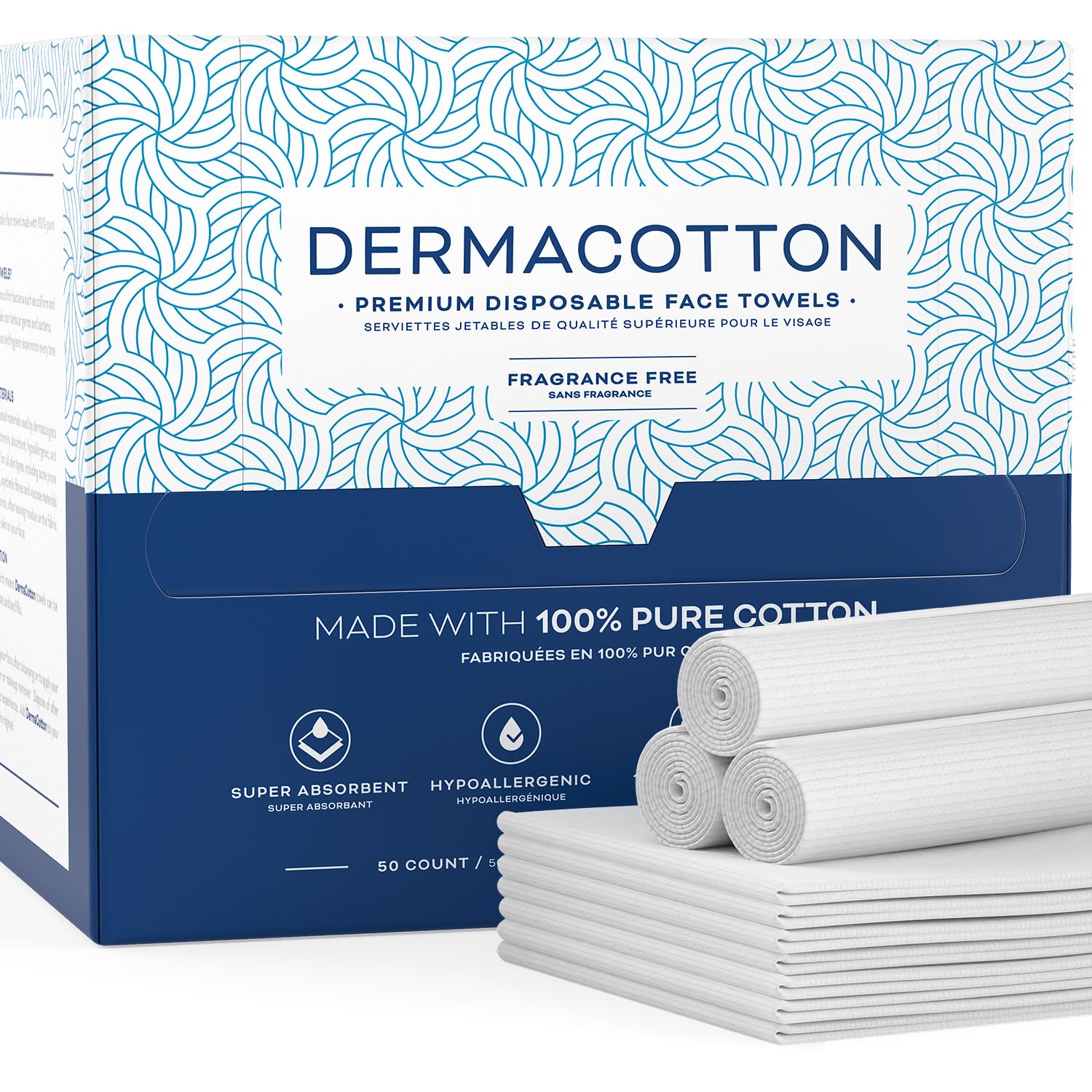 Dermacotton Disposable Cotton Face Towels – Super Soft Face Wipes, Hypoallergenic Makeup Remover Wipes, Suitable for All Skin Types Including Sensitive Skin – Biodegradable Facial Cloths (50 Pack)