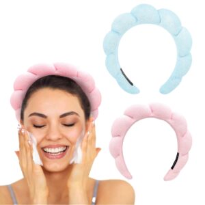 r.s luxury makeup headband for washing face or facial, set of 2 skincare headbands, terry cloth headband pink & blue spa sponge headband combo package - headband for makeup clearance makeup