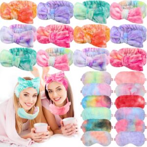 jexine 24 pcs spa headband plush sleep eye mask bulk bow hair band makeup headband for washing face sleepover party supplies sleeping stuff accessories for single party (multicolor,tie dye style)