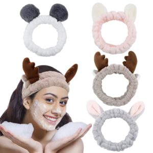 AHONEY Animals Ears Headbands, Cute Makeup Spa Fuzzy Skincare Headband for Washing Face Headband for Women Girls Coral Fleece Elastic Hair Band Cosplay Makeup Party, 4Pcs