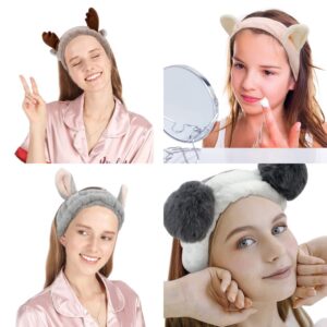 AHONEY Animals Ears Headbands, Cute Makeup Spa Fuzzy Skincare Headband for Washing Face Headband for Women Girls Coral Fleece Elastic Hair Band Cosplay Makeup Party, 4Pcs