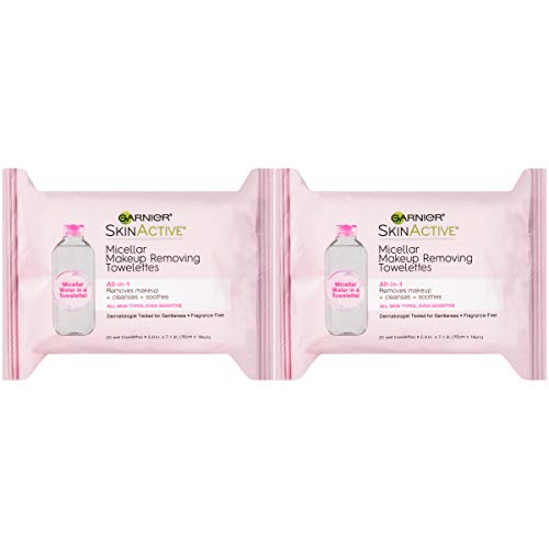 Garnier Micellar Facial Cleanser & Makeup Remover Wipes, Gentle for All Skin Types (25 Wipes), 2 Count (Packaging May Vary)