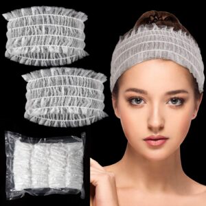 chuangdi 100 pieces disposable spa headbands soft non-woven facial hair band elastic facial head wraps cloth stretch skin care makeup sauna washing face supplies for women girls (white)