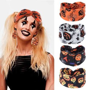 catery halloween headbands pumpkin head wraps stretchy witch spider web hair bands cross knotted turban headband halloween costume party hair accessory for women and girls pack of 4