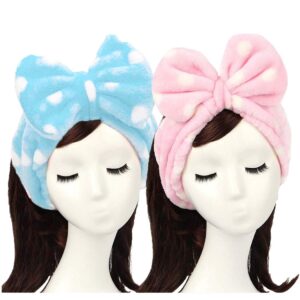 chennie bowknot spa headbands dot elastic makeup blue hair bands washing face head wraps for women and girls (pack of 2) (blue&pink)