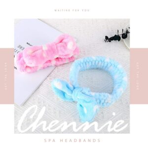 Chennie Bowknot Spa Headbands Dot Elastic Makeup Blue Hair Bands Washing Face Head Wraps For Women And Girls (Pack Of 2) (Blue&Pink)