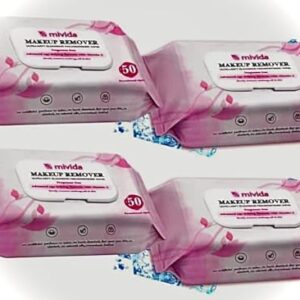 mivida Makeup Remover Wipes | Bulk Pack of 4 | Alcohol Free, Fragrance Free | Hypoallergenic, Vitamin E | Convenient Flip Top Pack, 50 Wipes Each | Total 200 Wipes | Makeup Remover Wipes