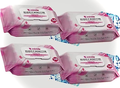 mivida Makeup Remover Wipes | Bulk Pack of 4 | Alcohol Free, Fragrance Free | Hypoallergenic, Vitamin E | Convenient Flip Top Pack, 50 Wipes Each | Total 200 Wipes | Makeup Remover Wipes