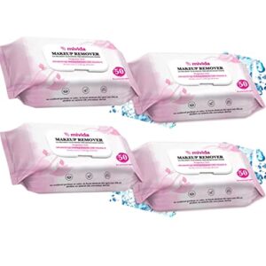 mivida makeup remover wipes | bulk pack of 4 | alcohol free, fragrance free | hypoallergenic, vitamin e | convenient flip top pack, 50 wipes each | total 200 wipes | makeup remover wipes