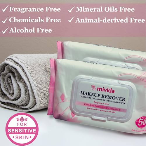 mivida Makeup Remover Wipes | Bulk Pack of 4 | Alcohol Free, Fragrance Free | Hypoallergenic, Vitamin E | Convenient Flip Top Pack, 50 Wipes Each | Total 200 Wipes | Makeup Remover Wipes