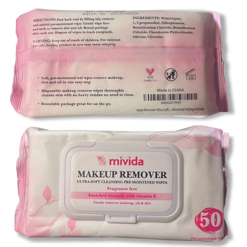 mivida Makeup Remover Wipes | Bulk Pack of 4 | Alcohol Free, Fragrance Free | Hypoallergenic, Vitamin E | Convenient Flip Top Pack, 50 Wipes Each | Total 200 Wipes | Makeup Remover Wipes