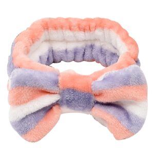 spa headband, bow makeup headband for washing face, high elasticity bowknot coral fleece skincare headbands for women girls (purple orange white stripes)