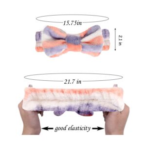 Spa Headband, Bow Makeup Headband for Washing Face, High Elasticity Bowknot Coral Fleece Skincare Headbands for Women Girls (Purple Orange White Stripes)