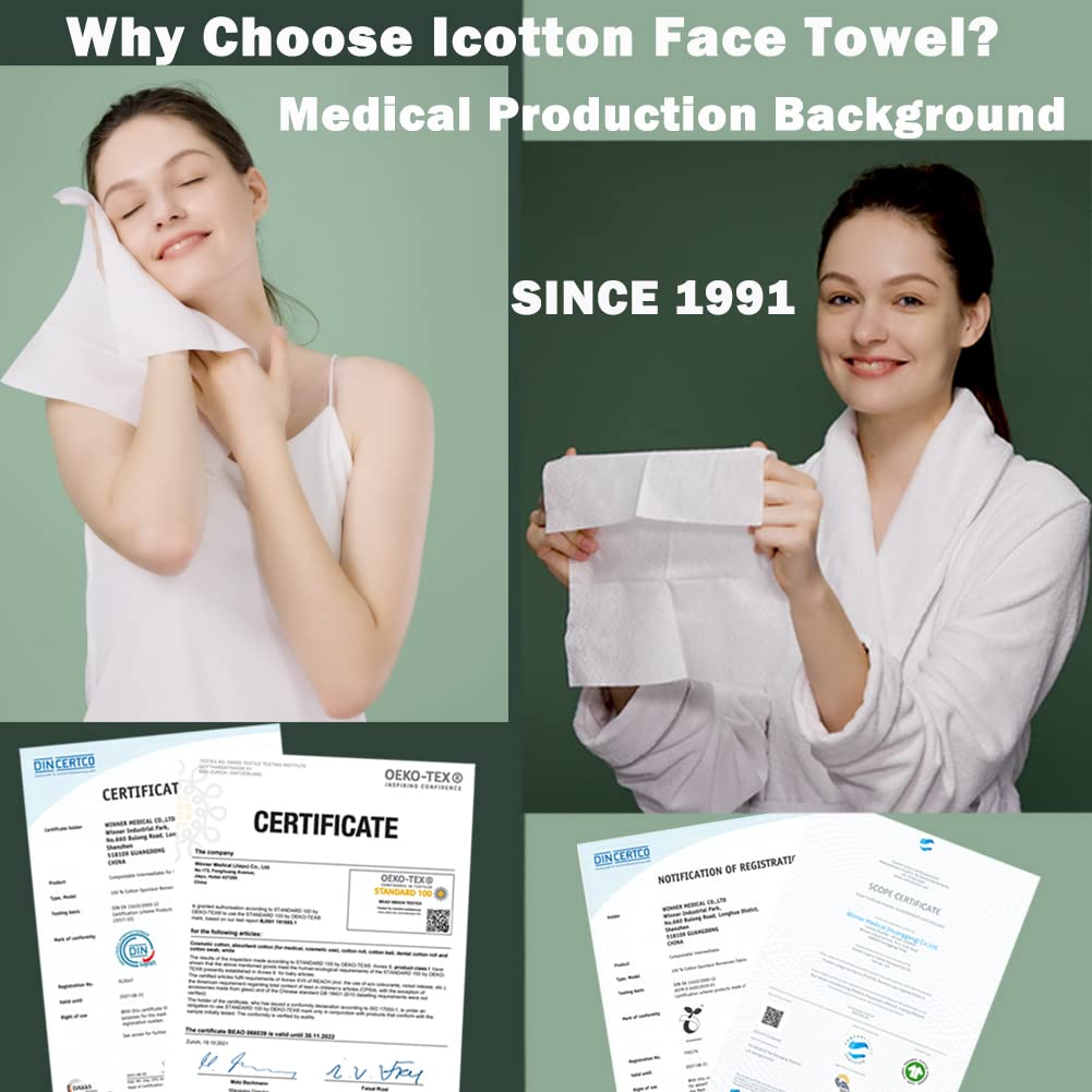 ICOTTON 2 in 1 Disposable Face Towel-100%Cotton Clean Towels for Daytime and Nighttime Use, Large Size Biodegradable Facial Cleansing Towelette Single Use Face Towel for Sensitive Skin Makeup Removing