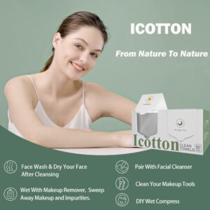 ICOTTON 2 in 1 Disposable Face Towel-100%Cotton Clean Towels for Daytime and Nighttime Use, Large Size Biodegradable Facial Cleansing Towelette Single Use Face Towel for Sensitive Skin Makeup Removing