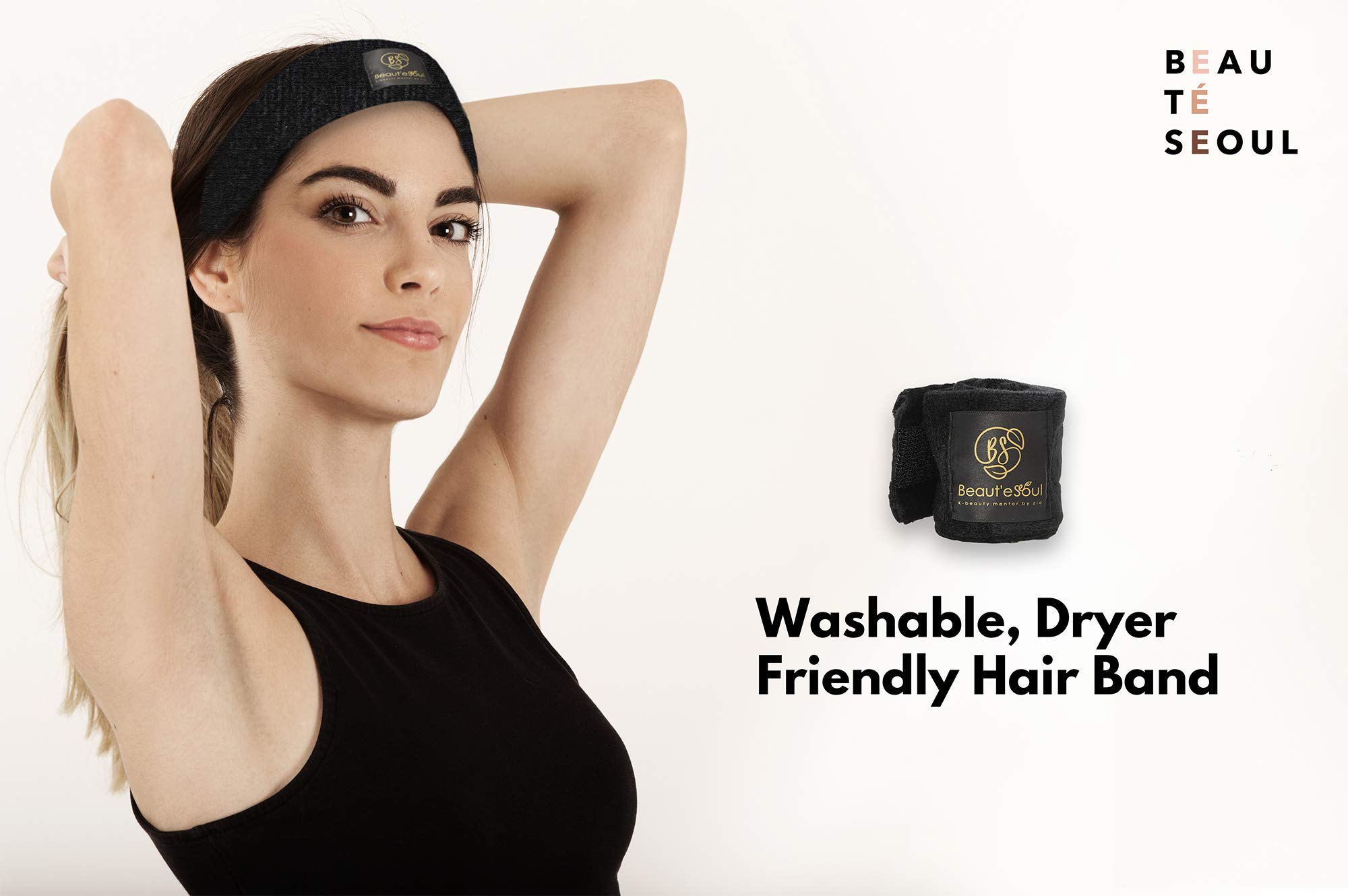 Beaute Seoul Spa Facial Headband Washing Makeup Cosmetic Shower Wrap Head Non-slip Stretchable,Terry Cloth Headband Adjustable Towel with Magic Tape 1 Piece Black