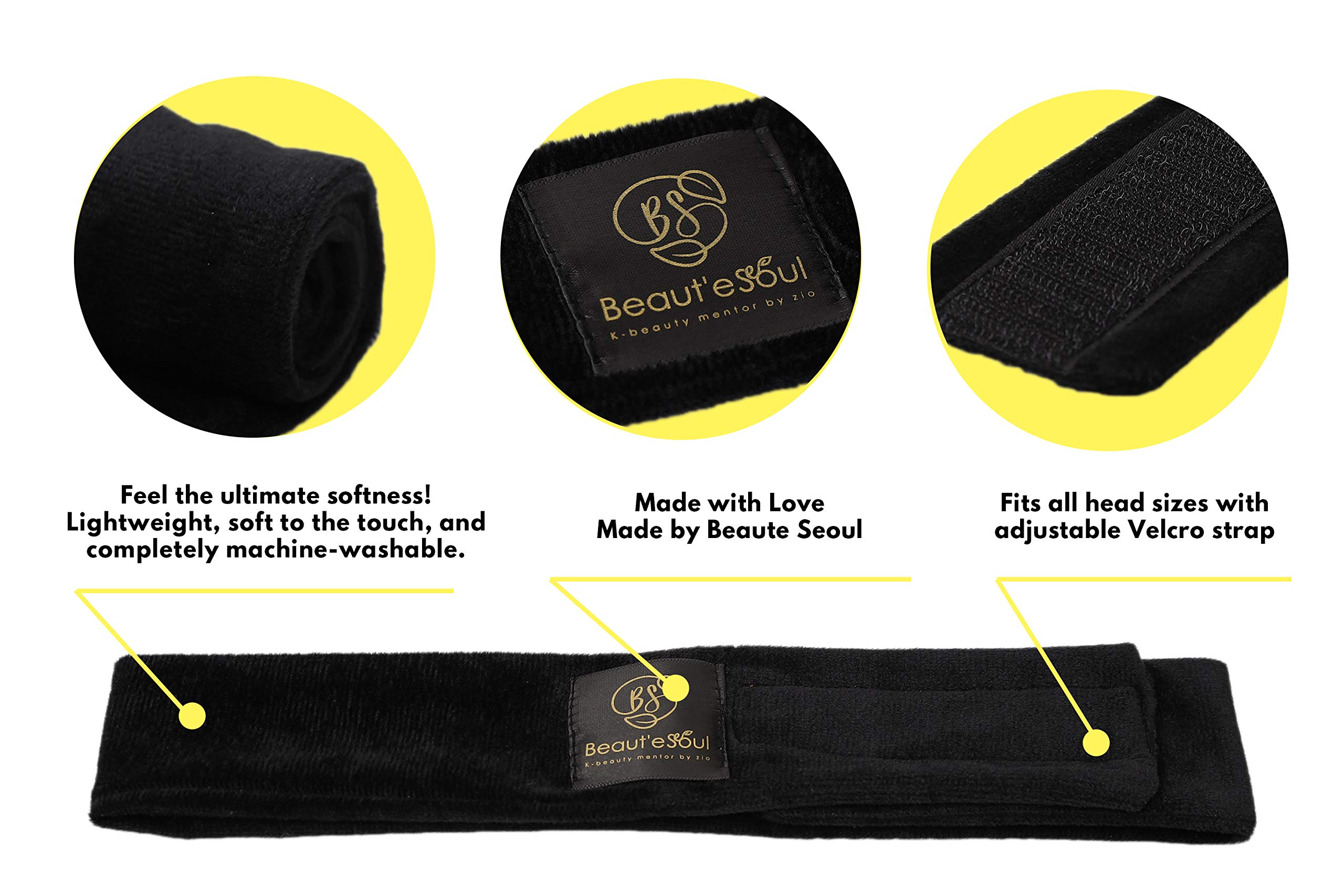 Beaute Seoul Spa Facial Headband Washing Makeup Cosmetic Shower Wrap Head Non-slip Stretchable,Terry Cloth Headband Adjustable Towel with Magic Tape 1 Piece Black