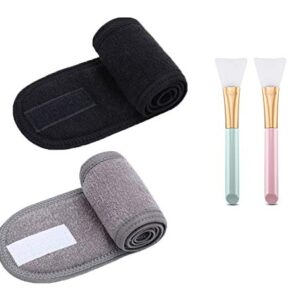 FULINJOY 2 Pack Spa Headband with 2 Pack Facial Mask Brush, Hair Wrap Sweat Headband Head Wrap Hair Towel Wrap Non-slip Stretchable Washable Makeup Headband, Face Wash Treatment Set