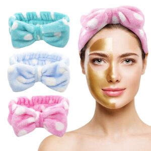 araluky 3 pack bow hair band ,soft makeup facial dot headband women girls spa microfiber cute turban headband bowknot bow skincare terry cloth fuzzy headbands for washing face shower bath hair band