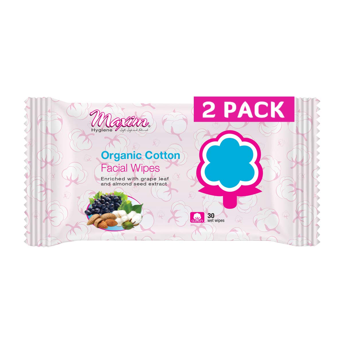 Maxim Facial Wipes, 100% Organic Cotton Face Wipes, 60ct, Moisturizing Makeup Remover Wipes Biodegradable Facial Wipes, Hypoallergenic Without Harsh Chemicals, 2 Packs of 30