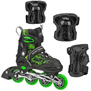 roller derby ion 7.2 inline skates with protective gear, aluminum frames, adjustable sizing, tri-pack protective gear included