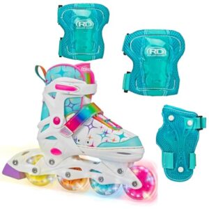 roller derby stryde youth adjustable inline lighted wheel skates with protective gear, adjustable sizing, tri-pack protective gear included