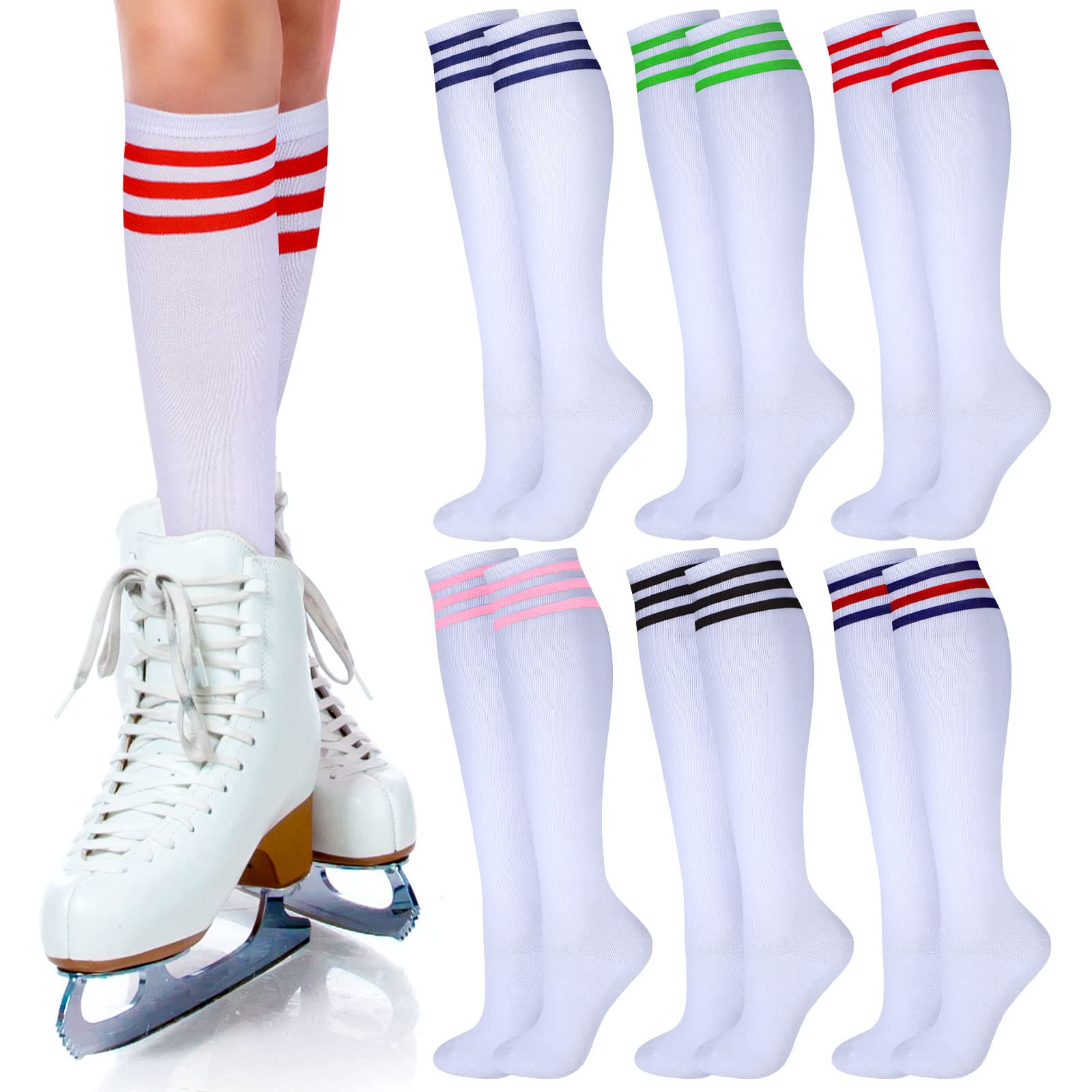 Unittype 6 Pair White Knee High Socks for Women Striped Socks Long Socks Tube Socks Roller Skate Socks for Girls Youth Gift