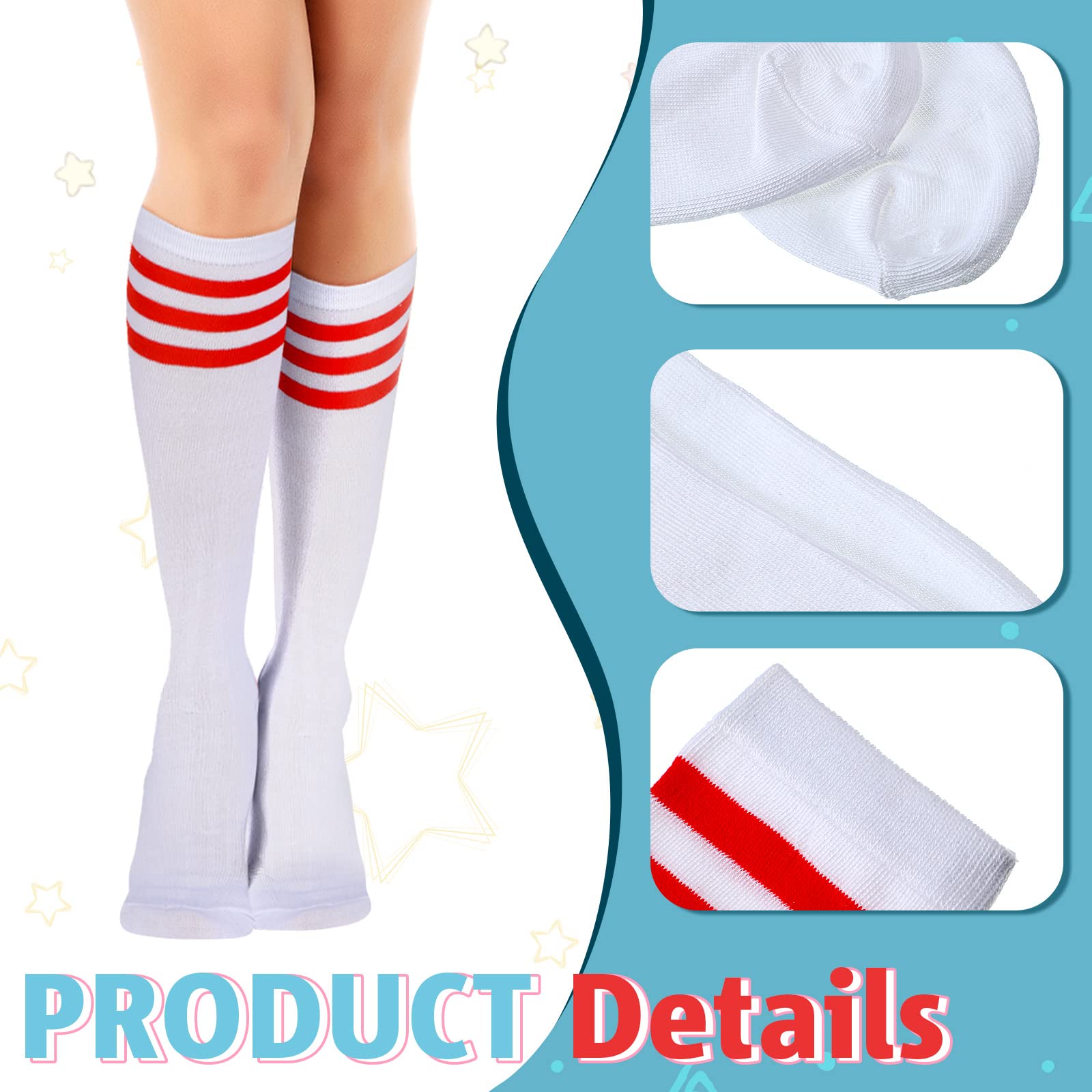 Unittype 6 Pair White Knee High Socks for Women Striped Socks Long Socks Tube Socks Roller Skate Socks for Girls Youth Gift