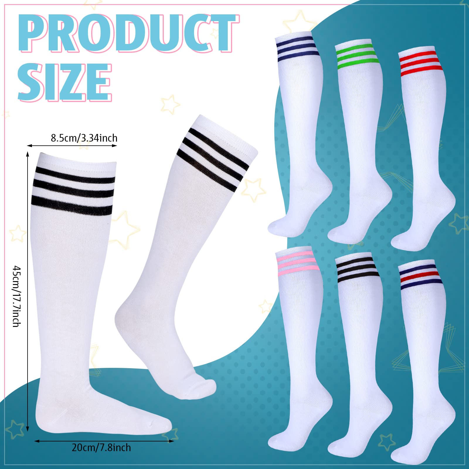 Unittype 6 Pair White Knee High Socks for Women Striped Socks Long Socks Tube Socks Roller Skate Socks for Girls Youth Gift