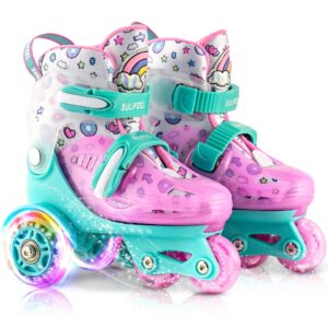 sulifeel adjustable roller skates for girls boys kids,fun illuminating light up flash wheels three-point type balance suitable for beginners indoor roller skating green & pink size x-small