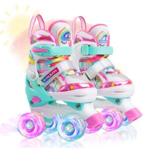 rainbow unicorn kids roller skates for girls boys toddler ages 3-6,4-pejiijar adjustable roller shoes with luminous wheels for birthday xmas gifts (green, small(10-13j))