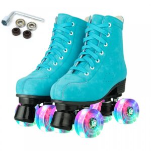 yyw women roller skates high top girls double row shiny roller derby skates four wheel unisex pu classic skates for beginner outdoor (lake blue flashing wheel,34-8.85in - women's 5.5 / men's 4)