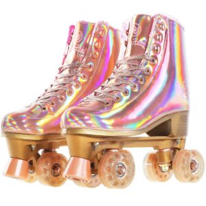 jajahoho roller skates for women, holographic high top pu leather rollerskates, shiny double-row four pink glitter wheels quad skates for girls and age 8-50 indoor outdoor (size 4, rose gold)