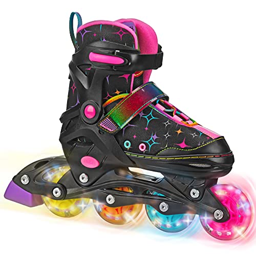 Roller Derby Stryde Youth Adjustable Inline Lighted Wheel Skates with Protective Gear, Adjustable Sizing, Tri-Pack Protective Gear Included