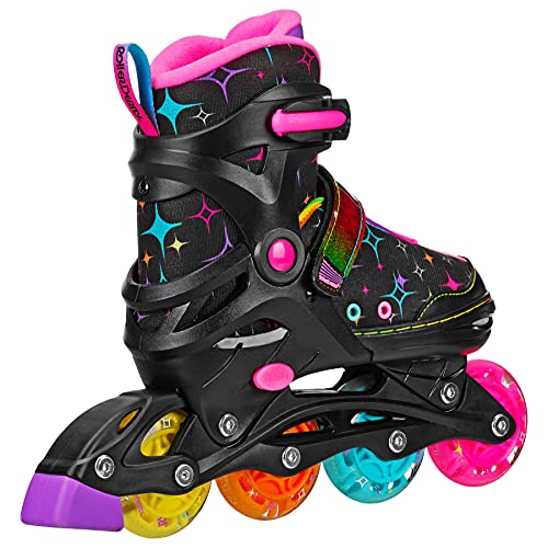 Roller Derby Stryde Youth Adjustable Inline Lighted Wheel Skates with Protective Gear, Adjustable Sizing, Tri-Pack Protective Gear Included