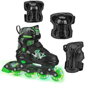 roller derby stryde youth adjustable inline lighted wheel skates with protective gear, adjustable sizing, tri-pack protective gear included