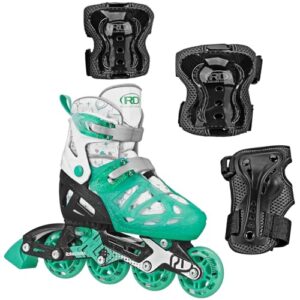 roller derby tracer girl’s adjustable inline skates with protective gear, adjustable sizing, tri-pack protective gear included