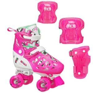 roller derby trac star girl’s adjustable roller skates with protective gear, adjustable sizing, tri-pack protective gear included